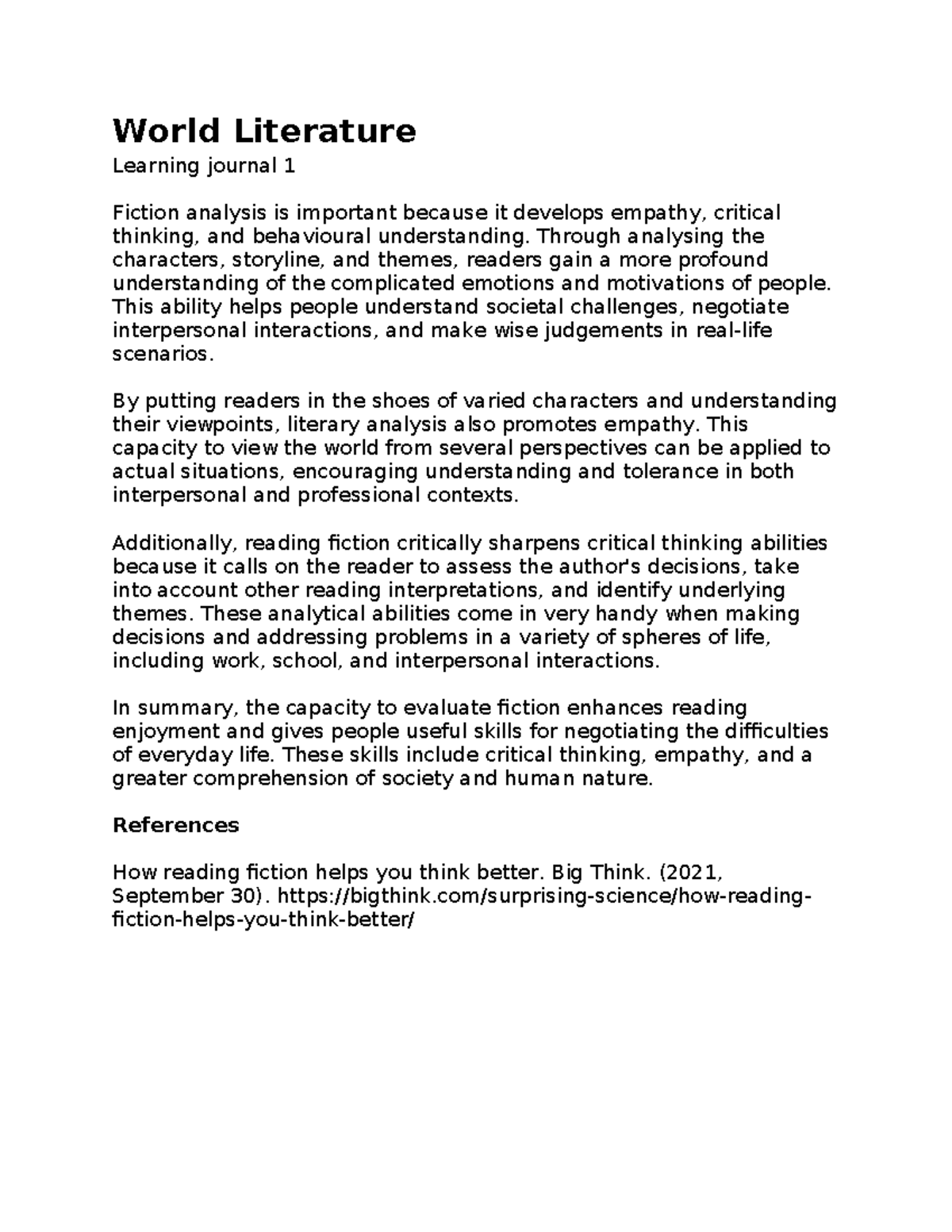 Fiction Learning Journal 1 - World Literature Learning journal 1 ...