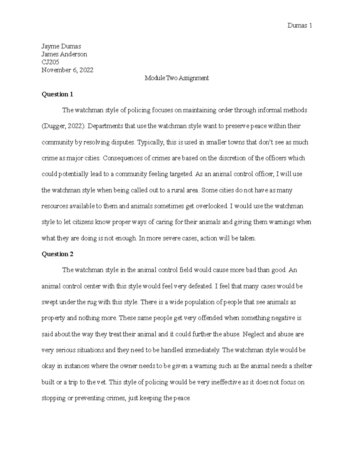 Cj 205 assignment 2 - Dumas 1 Jayme Dumas James Anderson CJ November 6 ...