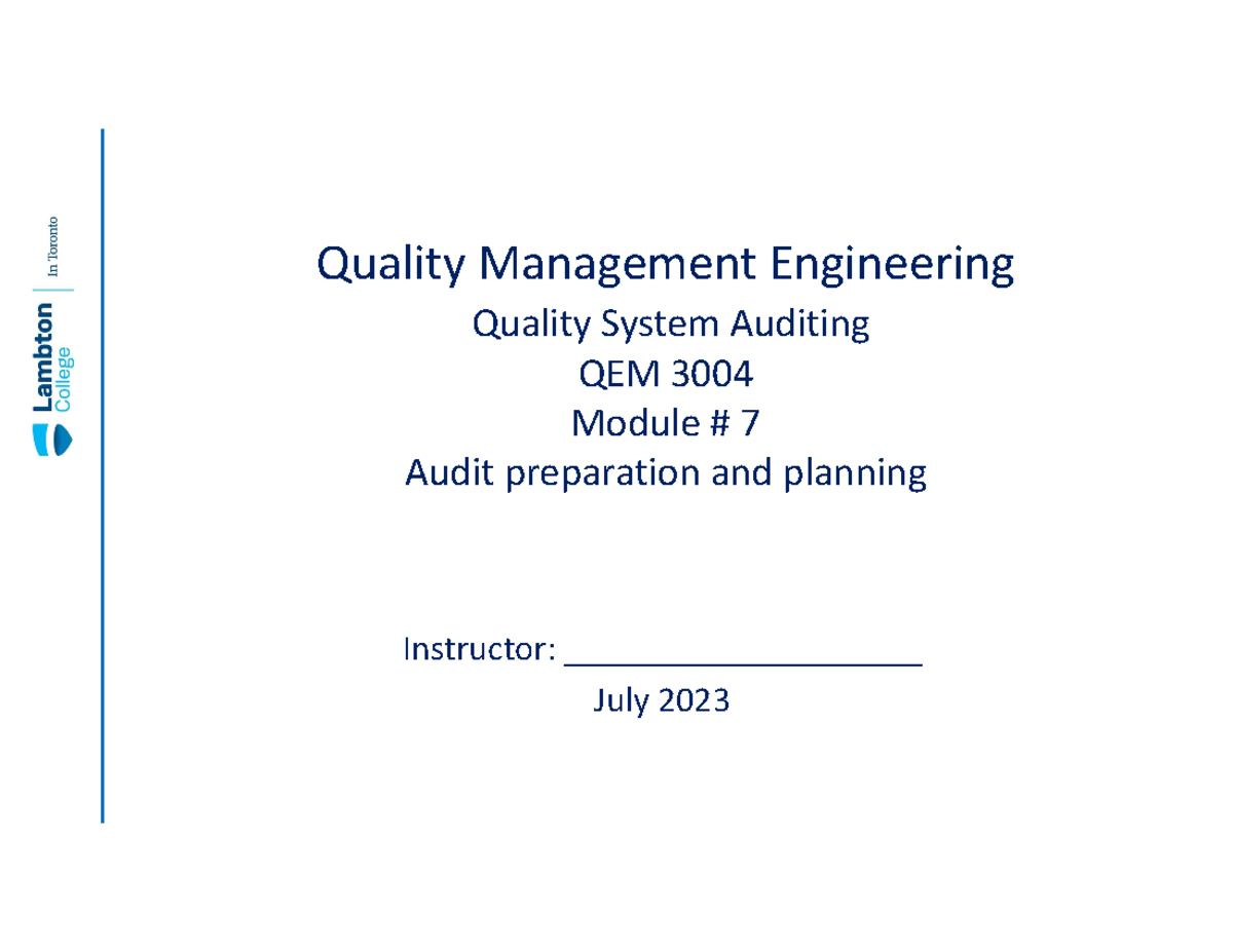 Module 7 - QEM 3004 - Auditing lecture notes - Quality Management ...