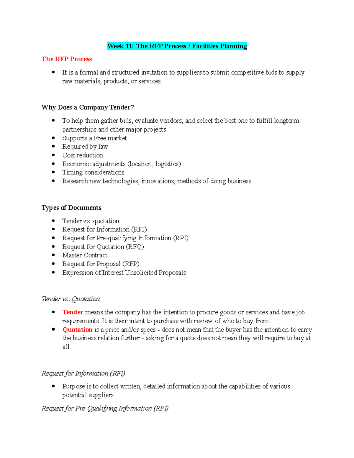 Week 11 notes - Week 11: The RFP Process / Facilities Planning The RFP ...