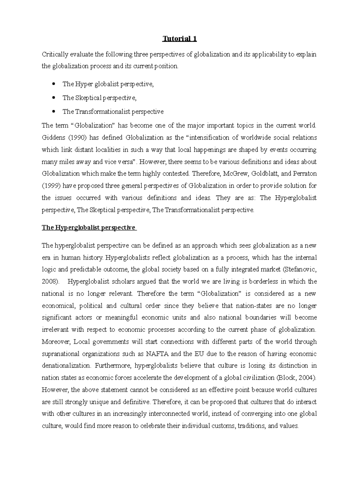 Globalization tutorial 01 - Tutorial 1 Critically evaluate the ...