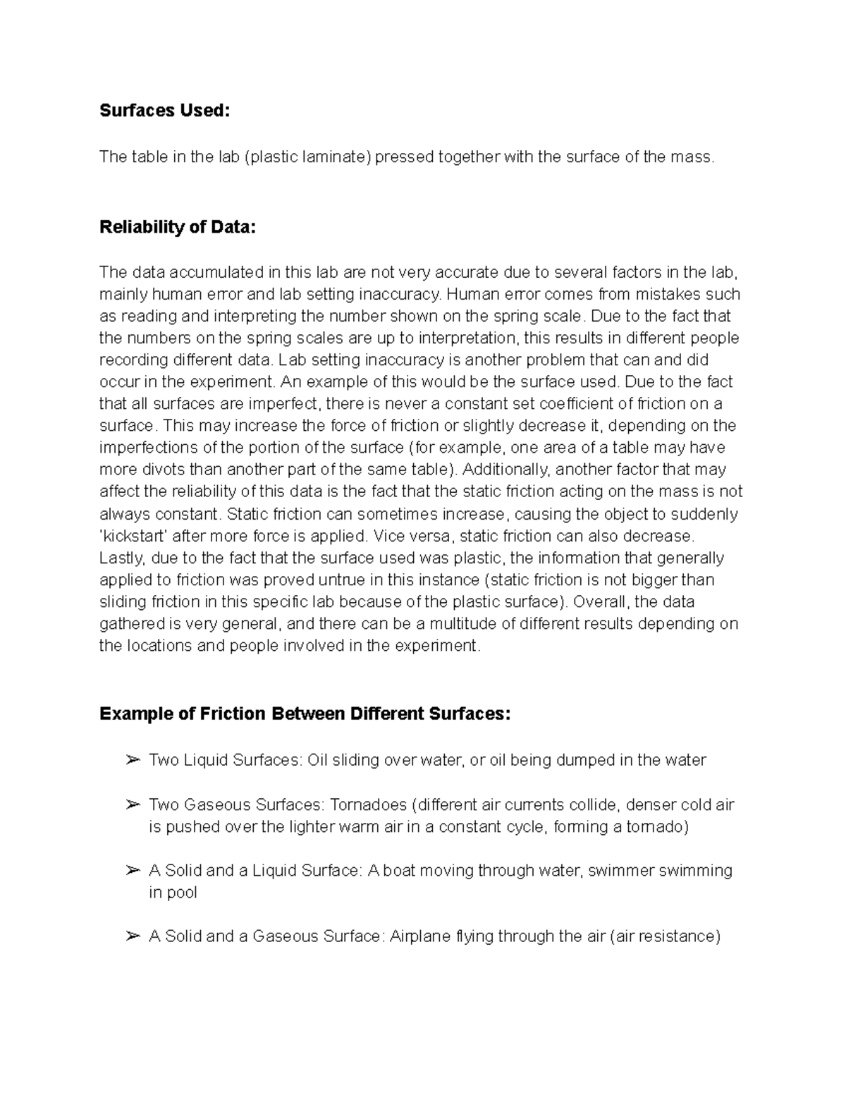 Physics Friction Lab - Surfaces Used: The table in the lab (plastic ...