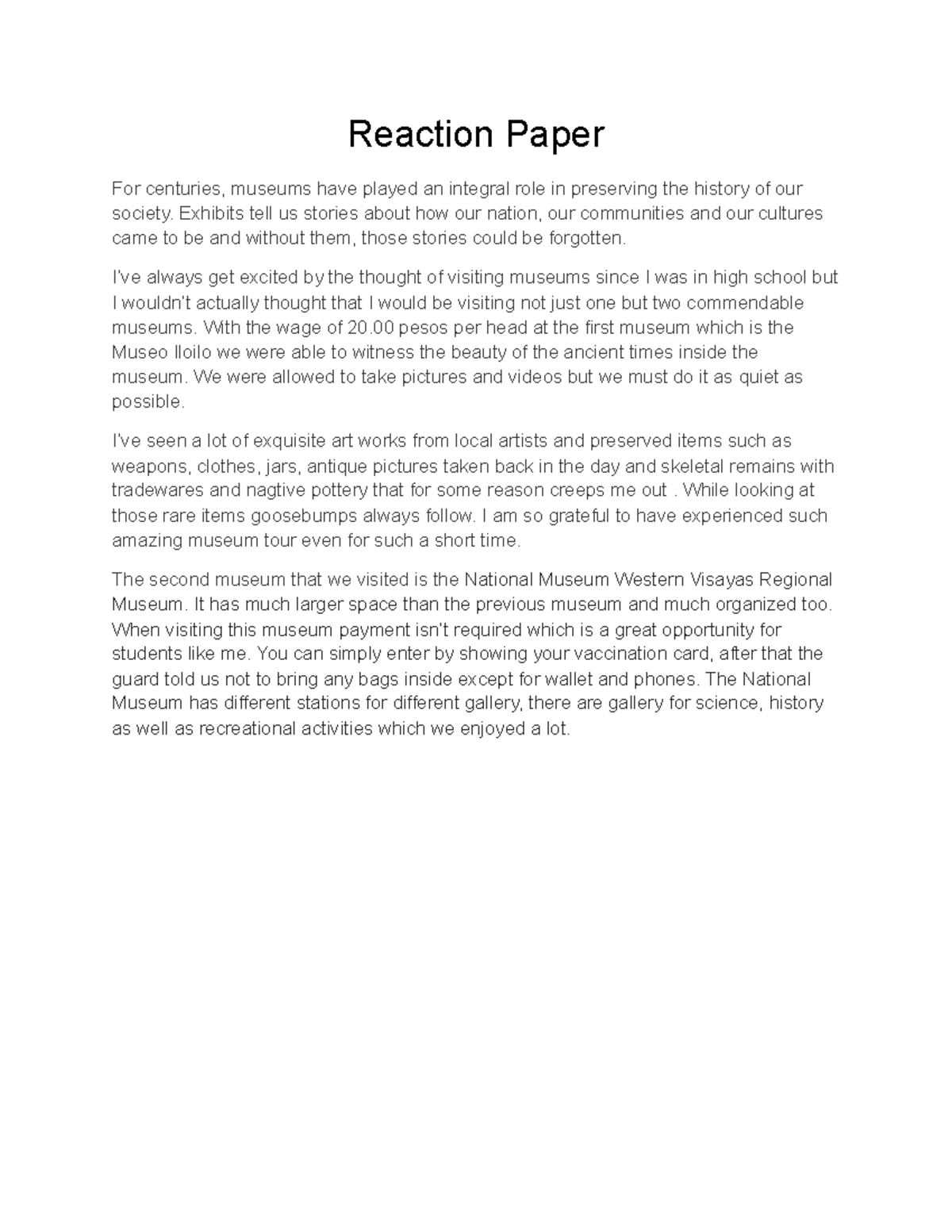 Reaction Pape1 - Reaction Paper For centuries, museums have played an ...