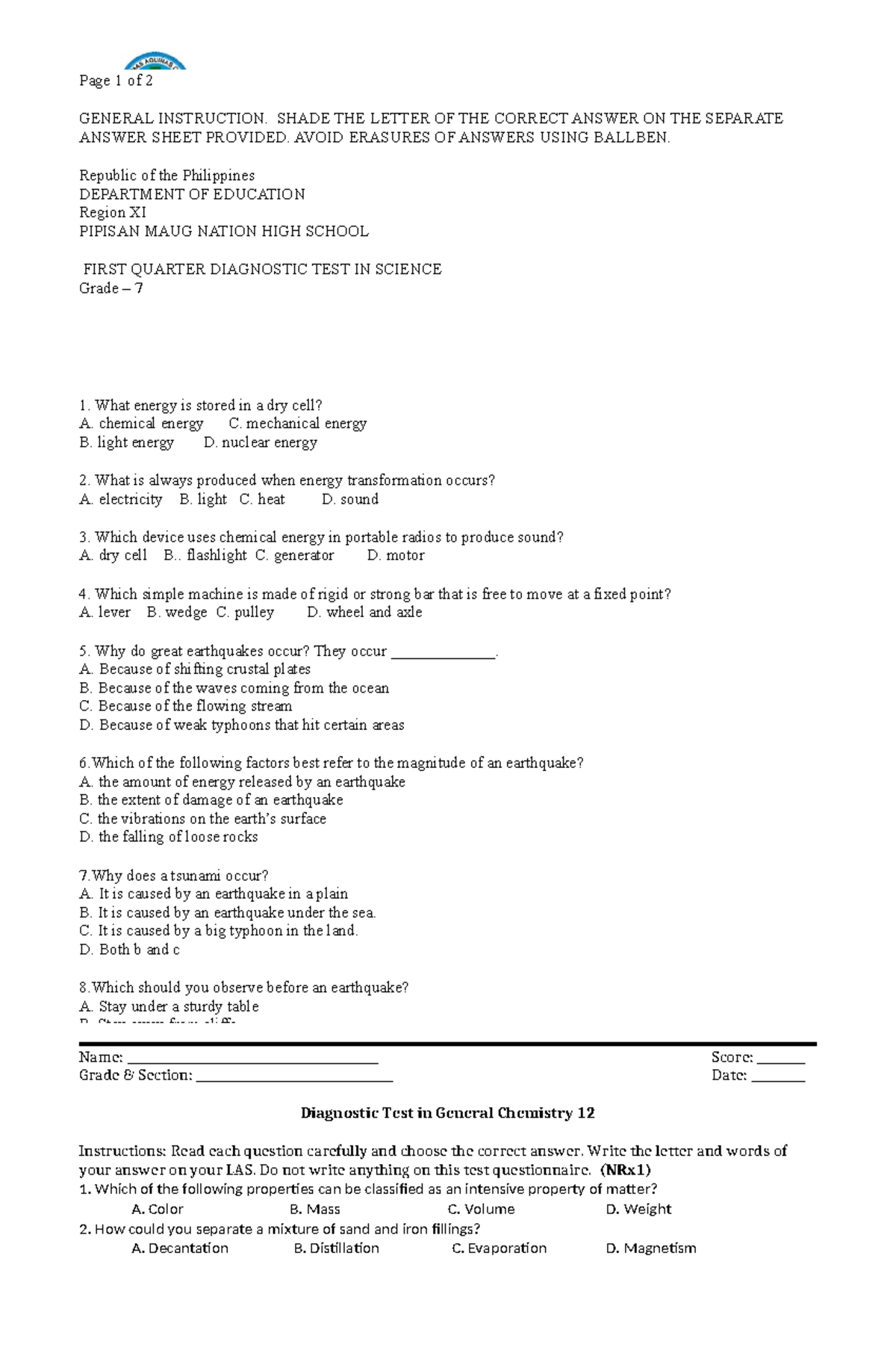 Diagnostic-12 Q1 Gen. Chemistry - GENERAL INSTRUCTION. SHADE THE LETTER ...