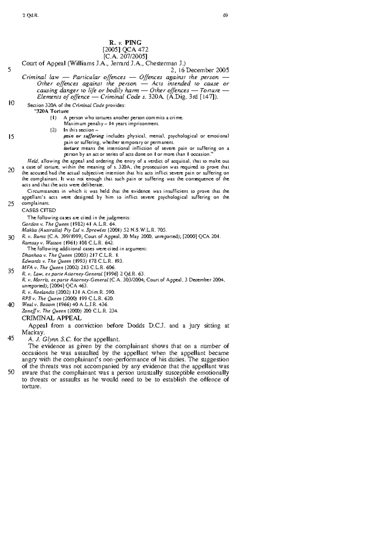 R. v PING [2006 ] 2 Qd R 69 - Case notes for R. v Ping - 2 Qd. 69 R. v ...