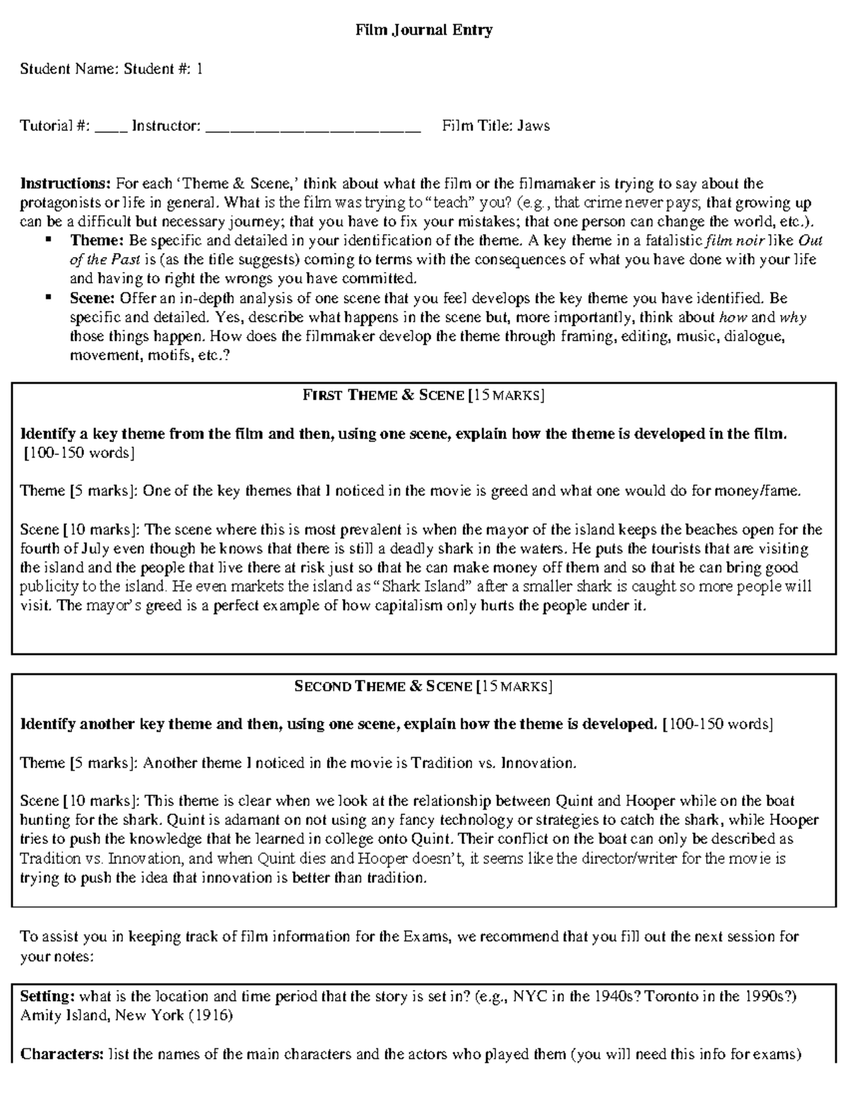 Film and Genre Jaws Tutorial - Film Journal Entry Student Name: Student ...