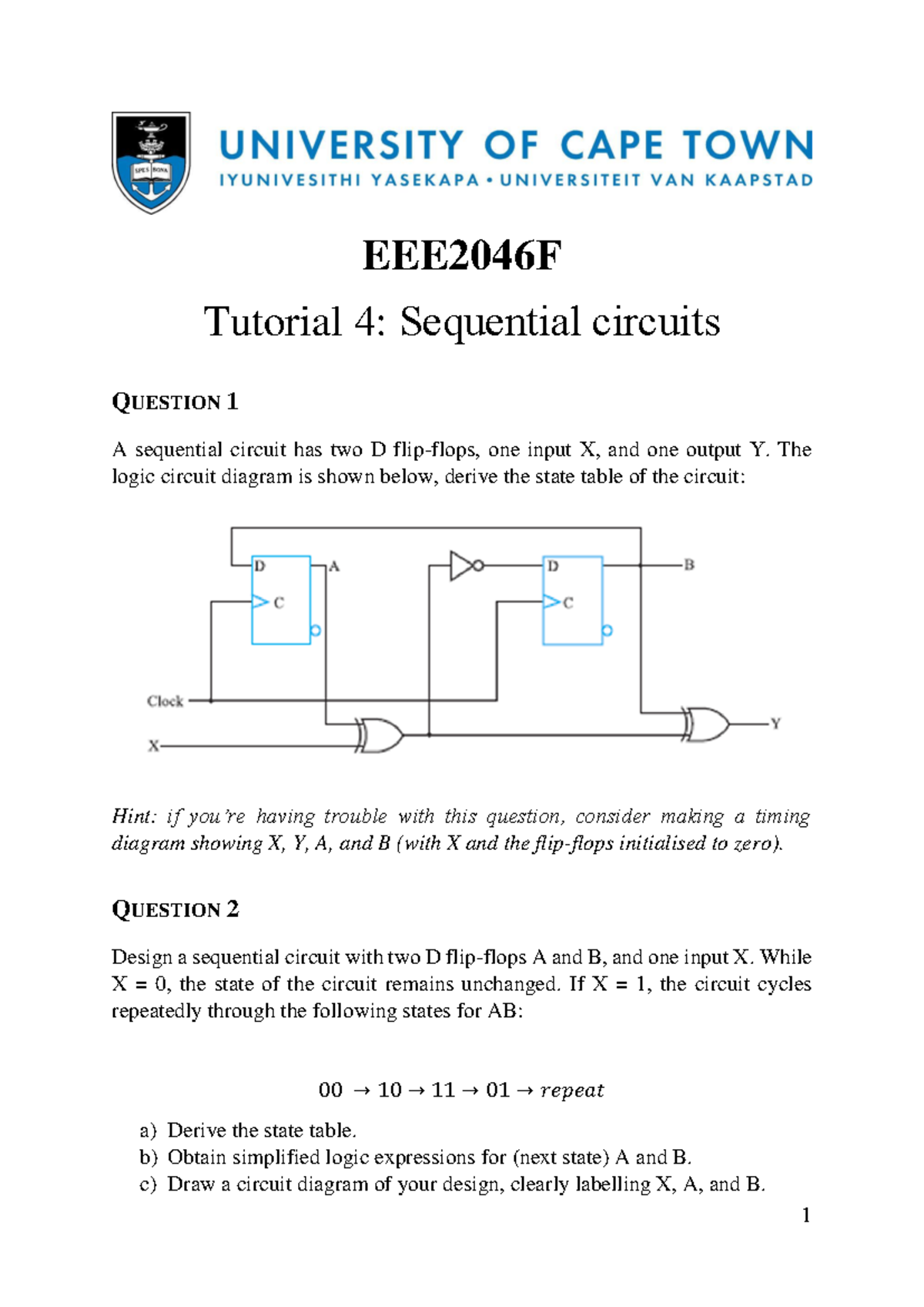 EEE2046F Tutorial 04 - Sequential CCTs - 1 EEE2046F Tutorial 4 ...