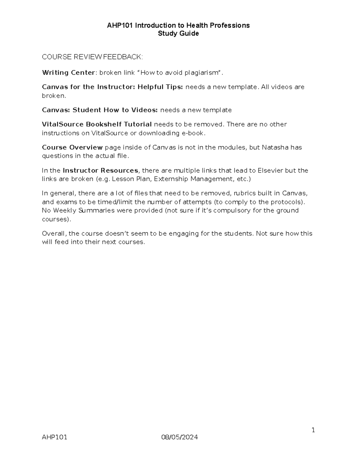 AHP101 Course Review Feedback - AHP101 Introduction to Health ...