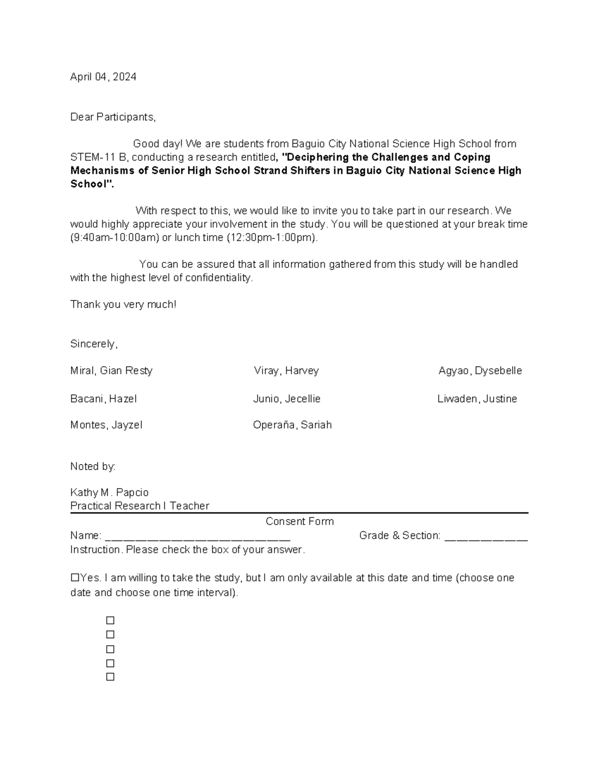Letter to the fersons - April 04, 2024 Dear Participants, Good day! We ...