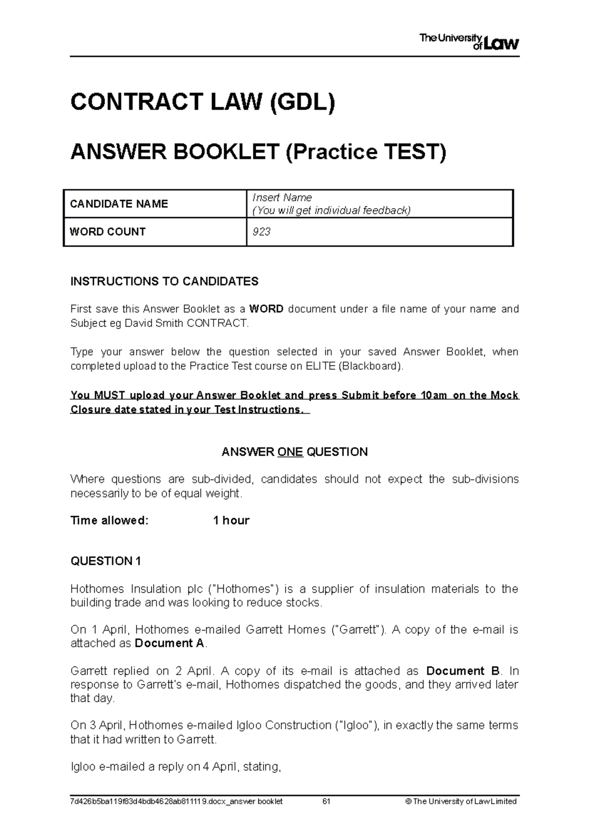 Contract Practice Paper - CONTRACT LAW (GDL) ANSWER BOOKLET (Practice ...