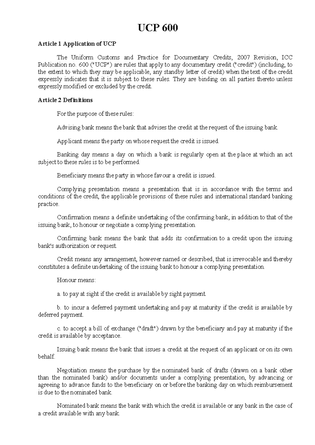 UCP 600 - thanh toán - UCP 600 Article 1 Application of UCP The Uniform ...