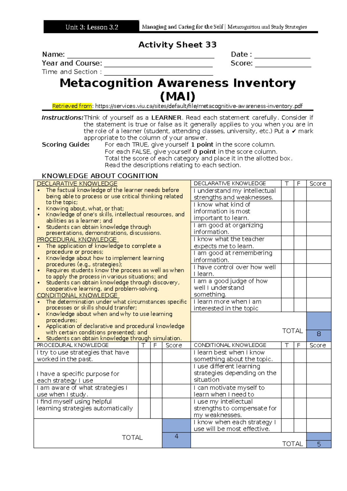 Activity Sheet 33 - none - Unit 3: Lesson 3 Managing and Caring for the ...