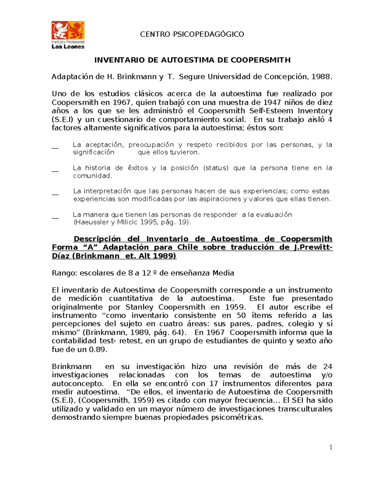 Test de Coopersmith Ninos - INVENTARIO DE AUTOESTIMA DE COOPERSMITH ...