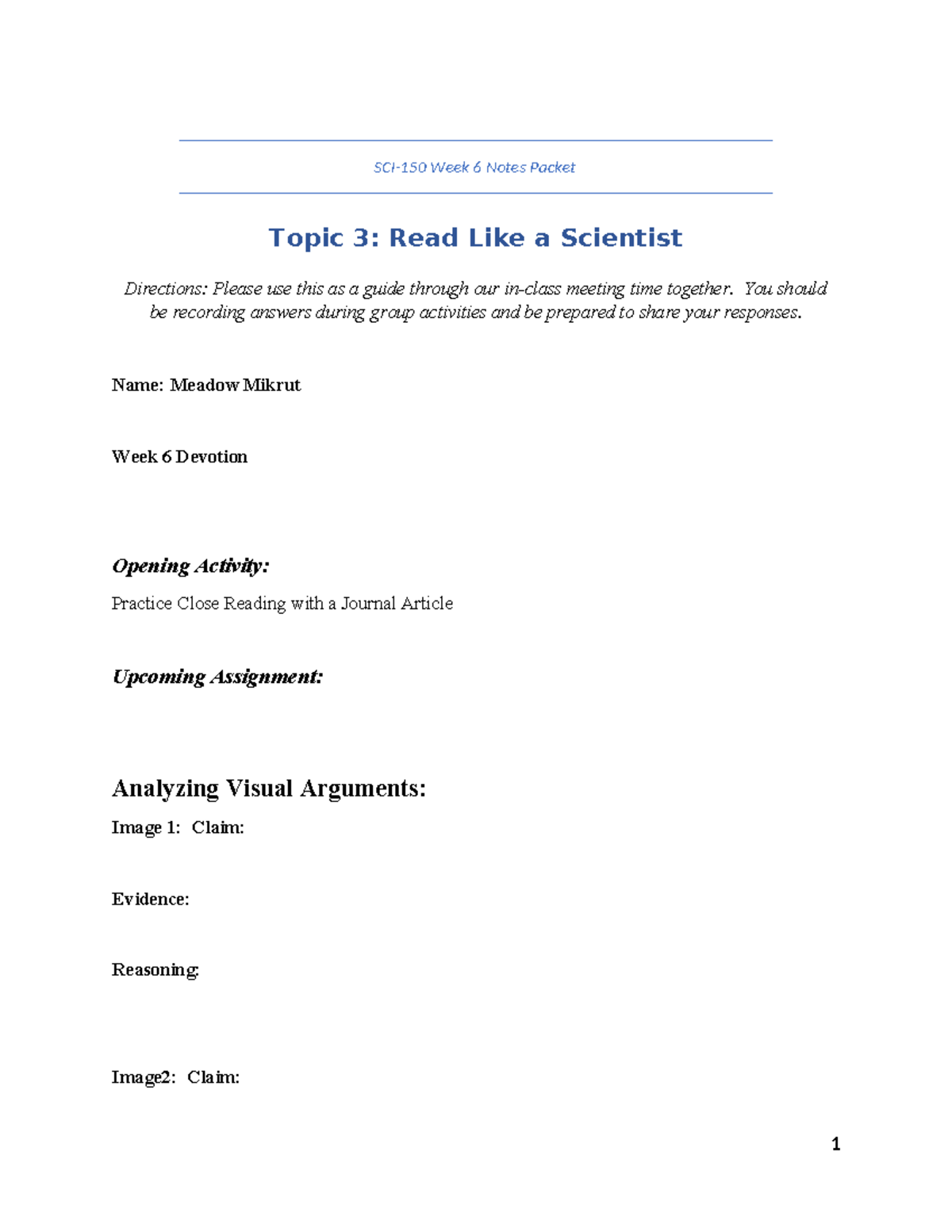 W6 Student Activity Packet - SCI-150 Week 6 Notes Packet Topic 3: Read ...