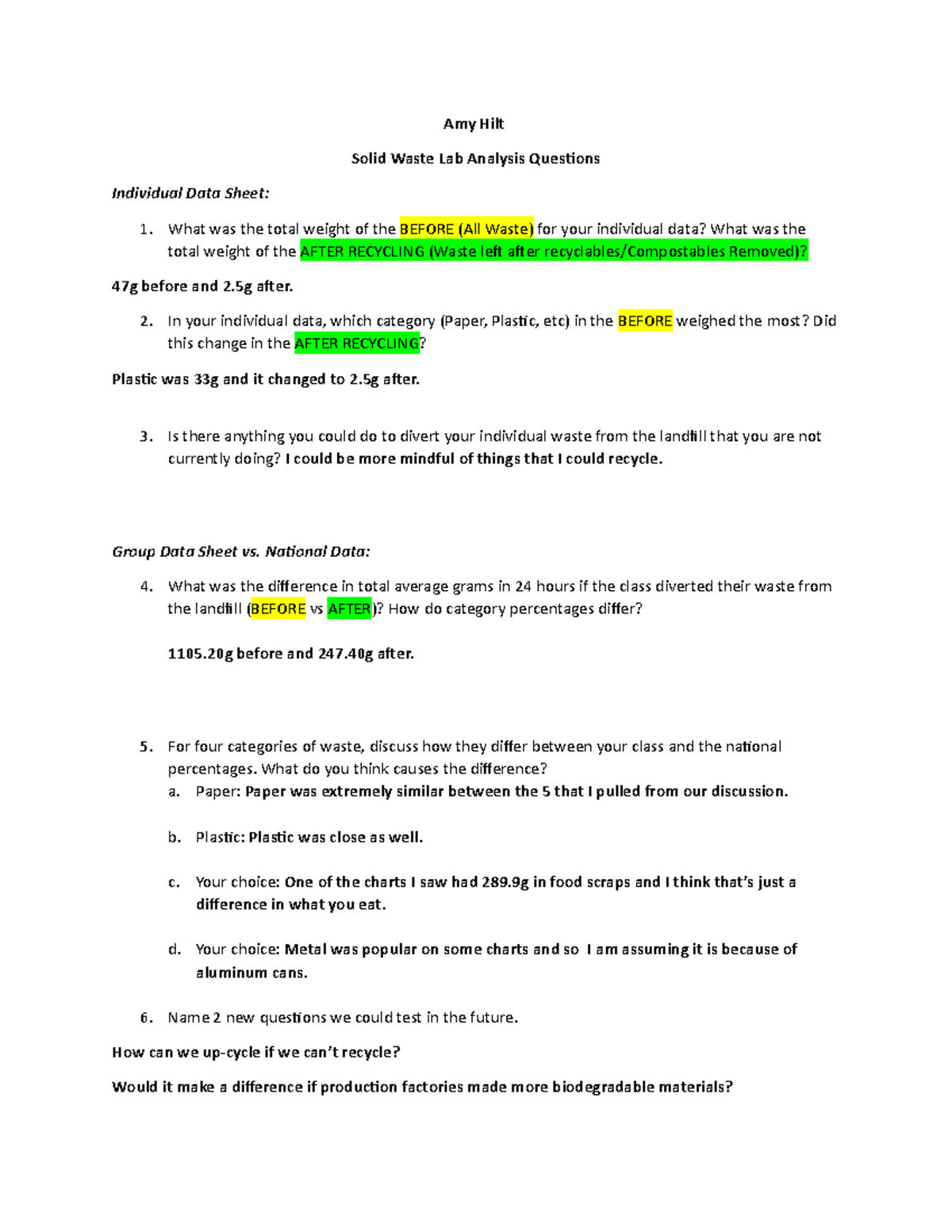 Solid Waste Analysis Questions - Amy Hilt Solid Waste Lab Analysis ...