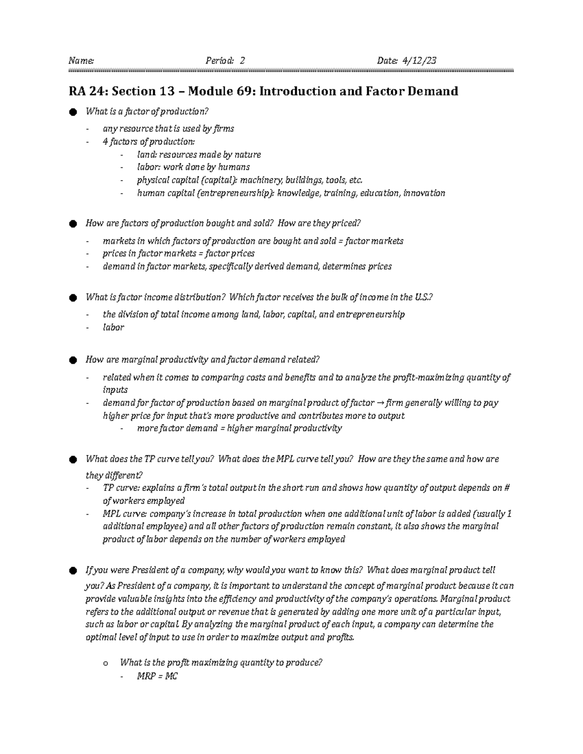RA 24 Mod 69 Mod 70 - Introduction and Factor Demand Textbook Reading ...