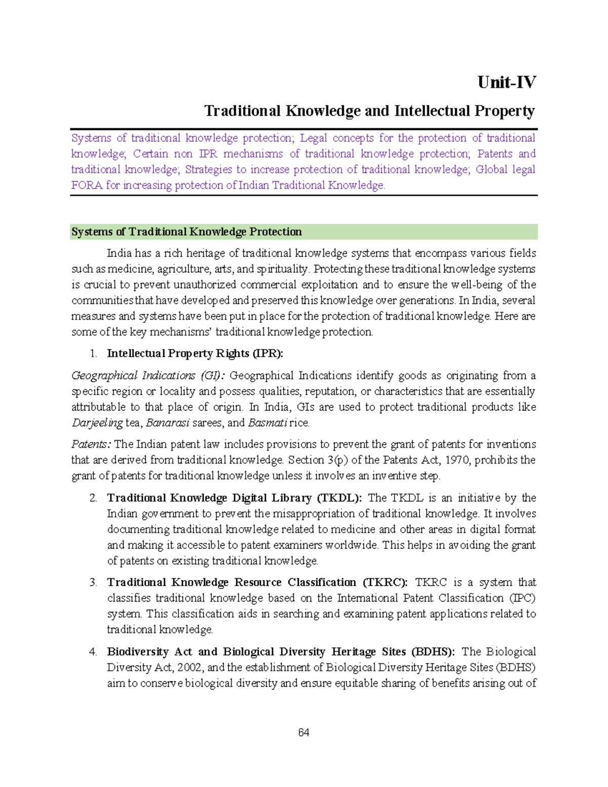 EITK UNIT-4 - Summary Traditional Knowledge - Unit-IV Traditional Knowledge and Intellectual ...