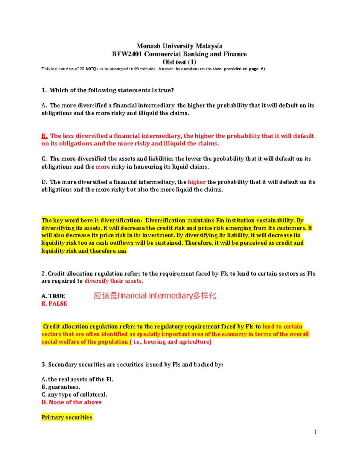 Old test 1 with solution - Monash University Malaysia BFW2401 ...