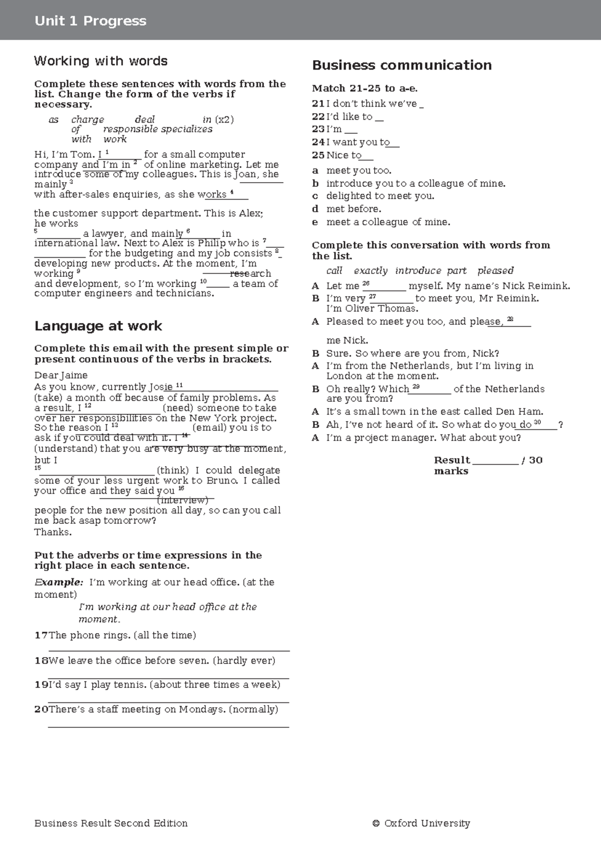 BR2e Intermediate Unit1 progress test - Unit 1 Progress test Business ...