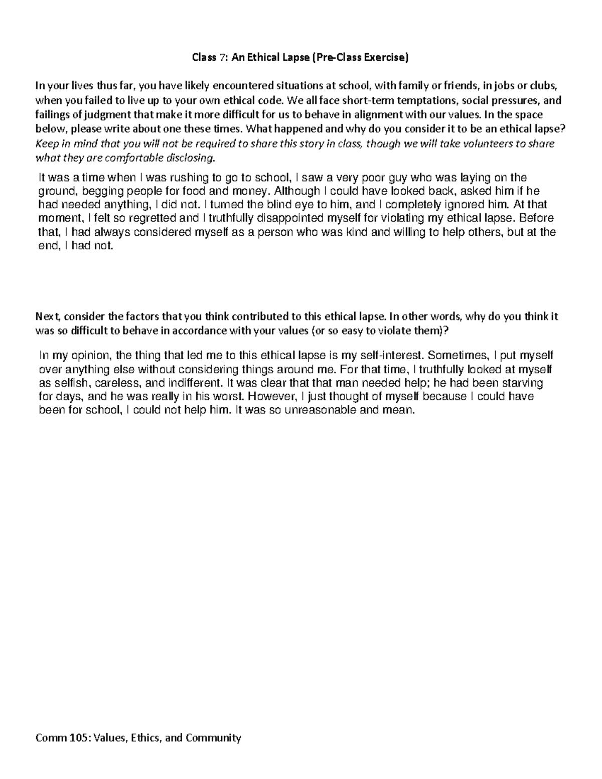 Class 7 - An Ethical Lapse (Pre-Class Exercise) - Comm 105: Values ...