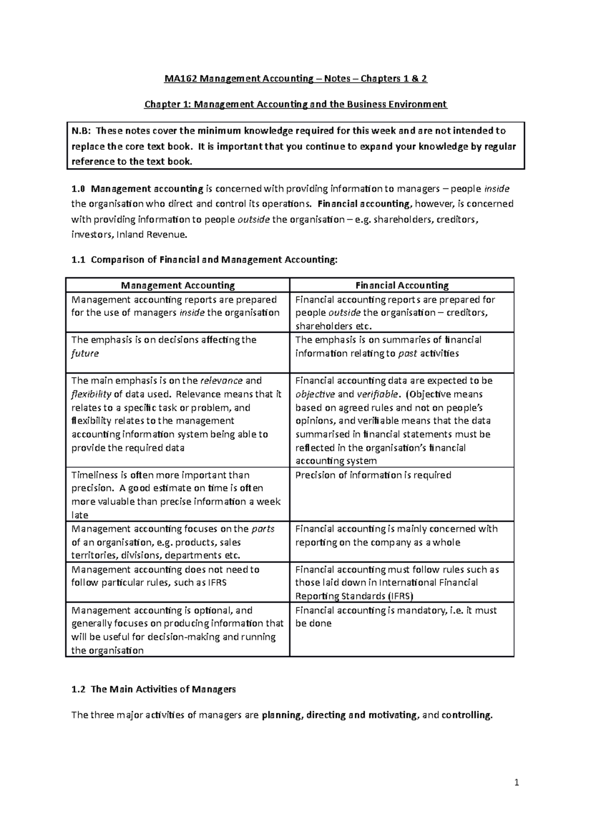 Chapter 1 & 2 Notes - MA162 Management Accounting – Notes – Chapters 1 ...