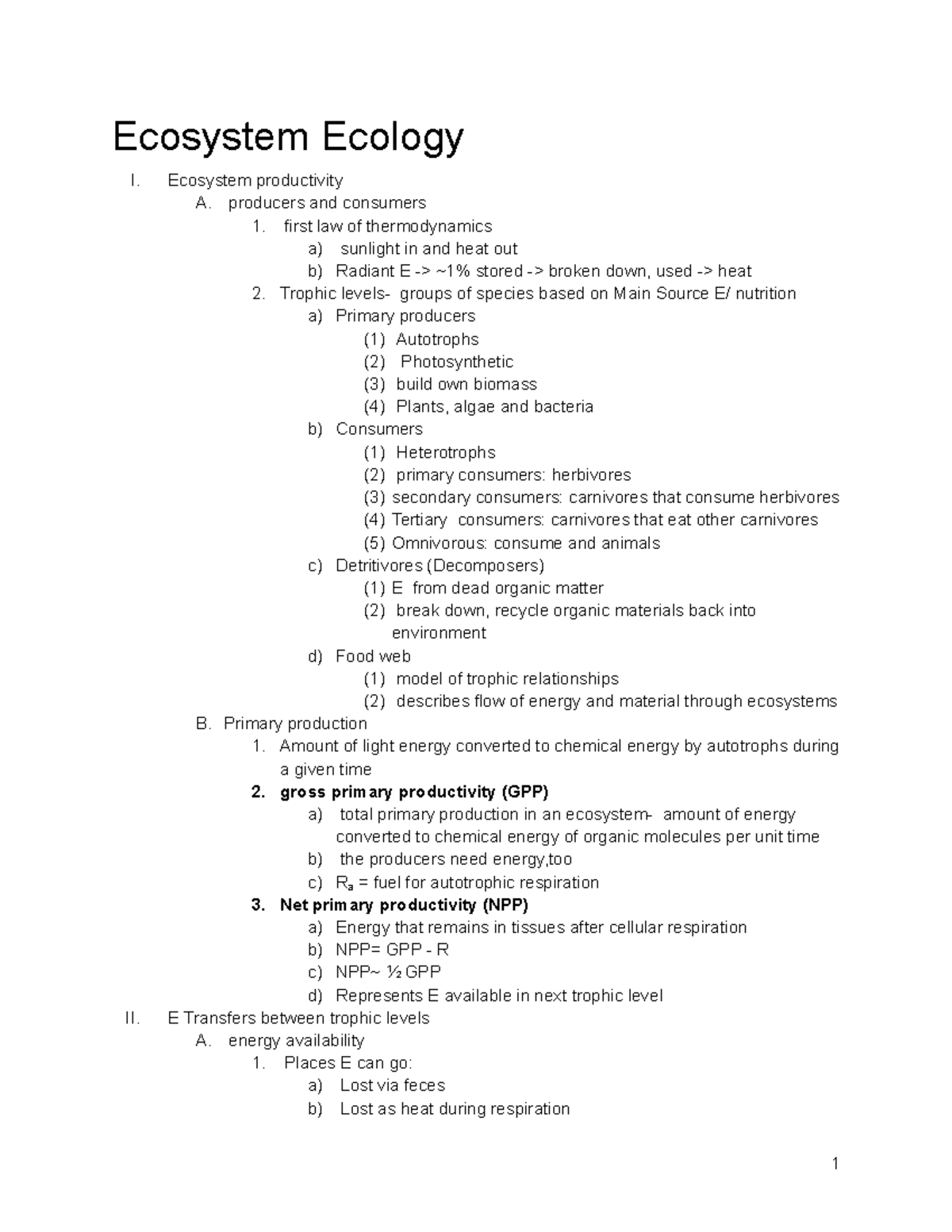 Lecture 26 - powerpoint notes - Ecosystem Ecology I. Ecosystem ...