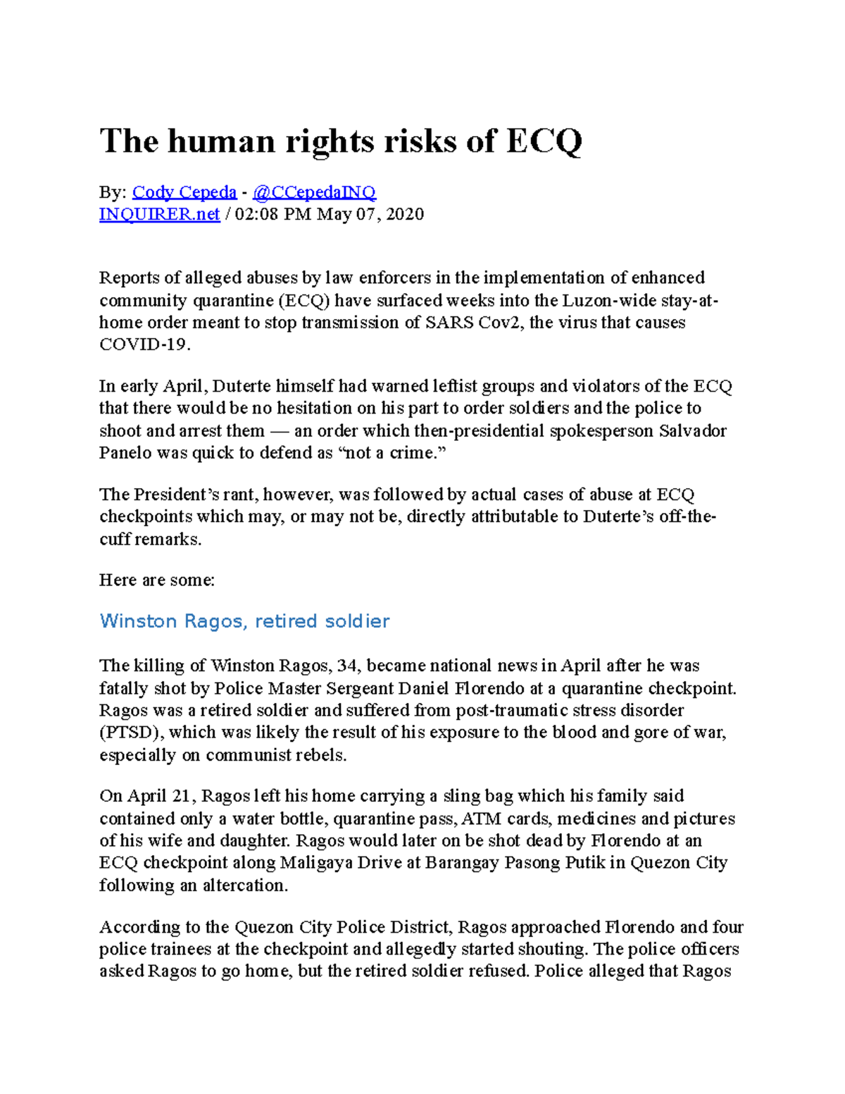 Risks of ECQ - ECQ - The human rights risks of ECQ By: Cody Cepeda ...