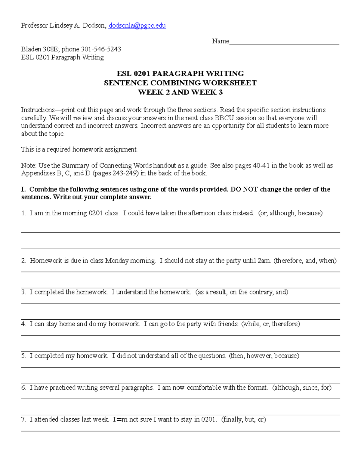 Sentence Combining worksheet - Professor Lindsey A. Dodson, dodsonla ...