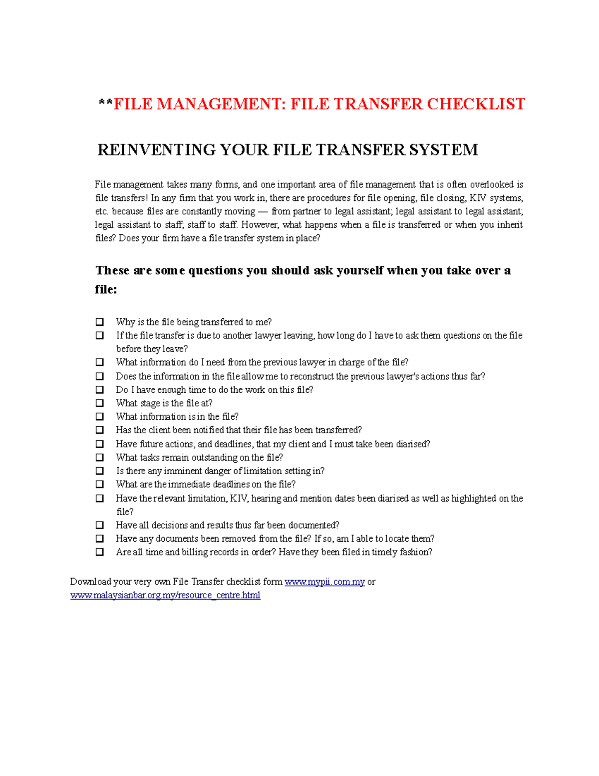 FILE Transfer Checklist - **FILE MANAGEMENT: FILE TRANSFER CHECKLIST ...