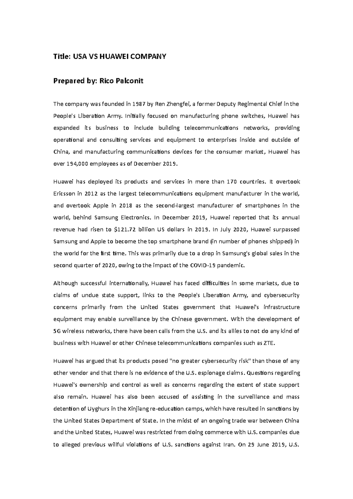 Research Report Final - Grade: 12 - Title: USA VS HUAWEI COMPANY ...