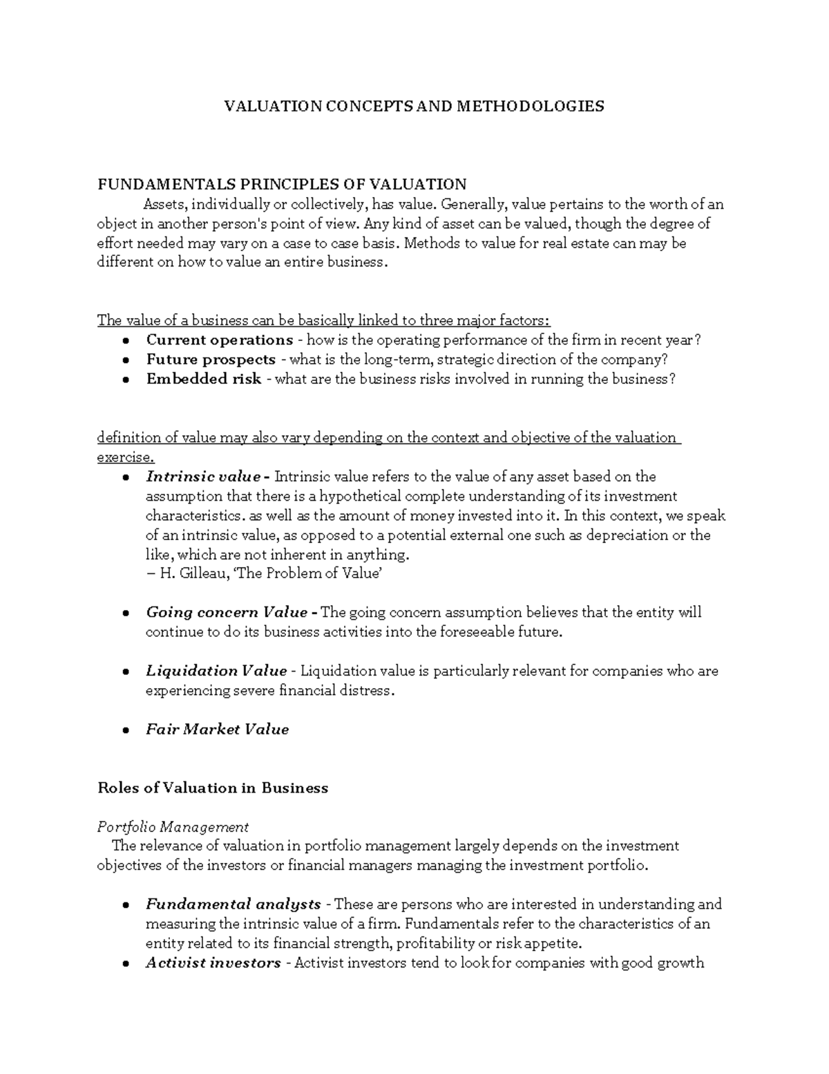 VAL MET - Valuation Concept - VALUATION CONCEPTS AND METHODOLOGIES ...