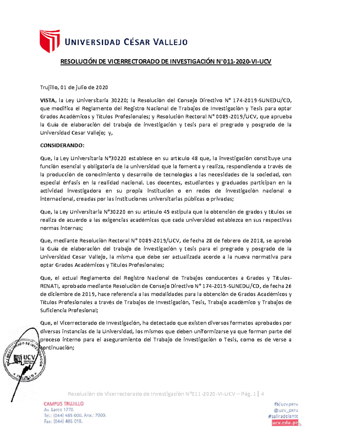 RVI N°011-2020 Aprueba la Guia Elaboración de TI y Tesis - Resolución ...