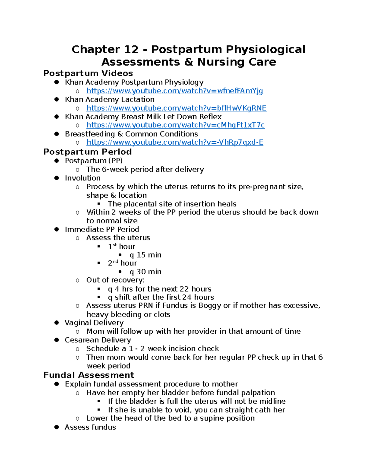 Ch 12 Postpartum Physiological Assessments Nursing Care - Studocu