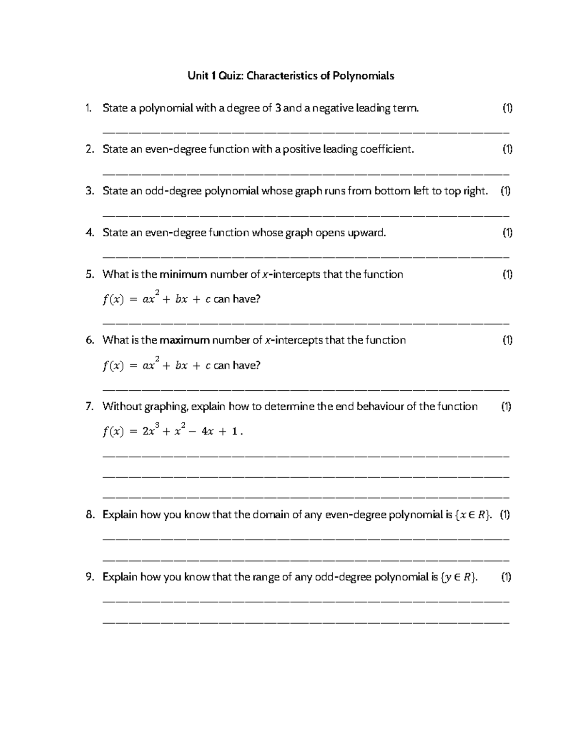 Unit 1 Quiz Characteristics of Polynomials - Unit 1 Quiz ...