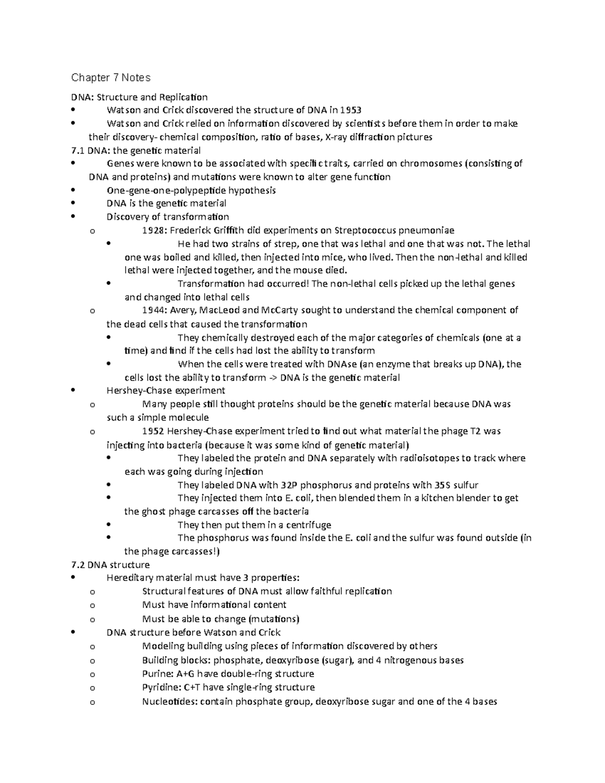 Chapter 7 Notes - Chapter 7 Notes DNA: Structure and Replication Watson ...