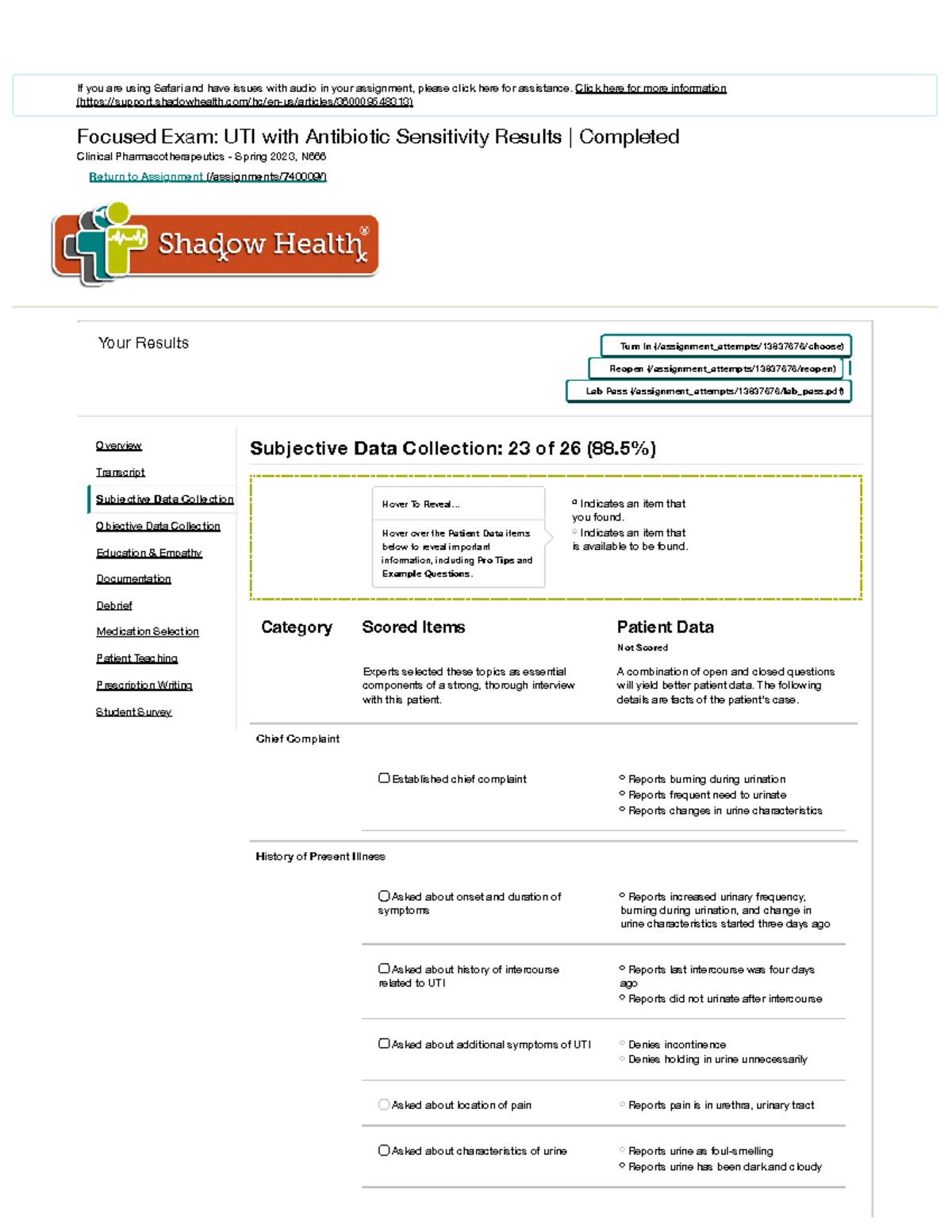 UTIsubjectivedata - Shadowhealth - Focused Exam: UTI with Antibiotic ...