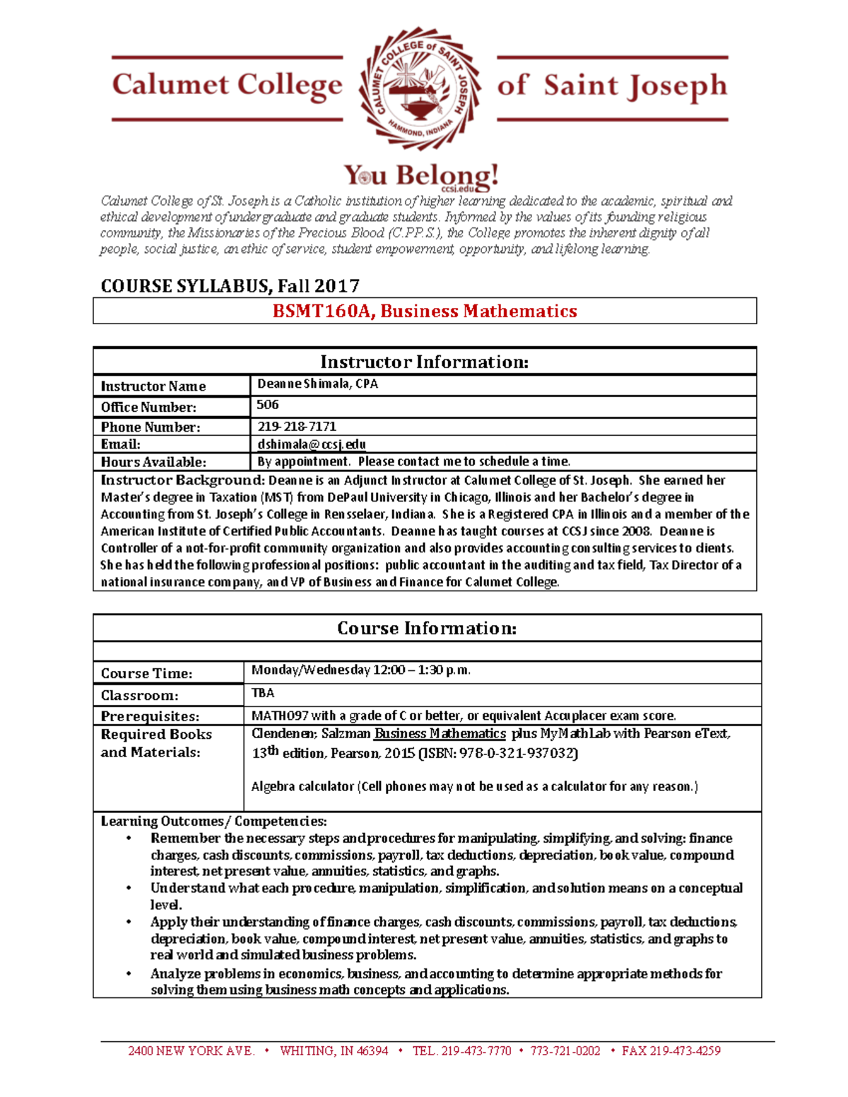 BSMT 160 A Business Mathematics Shimala - 2400 NEW YORK AVE. WHITING ...