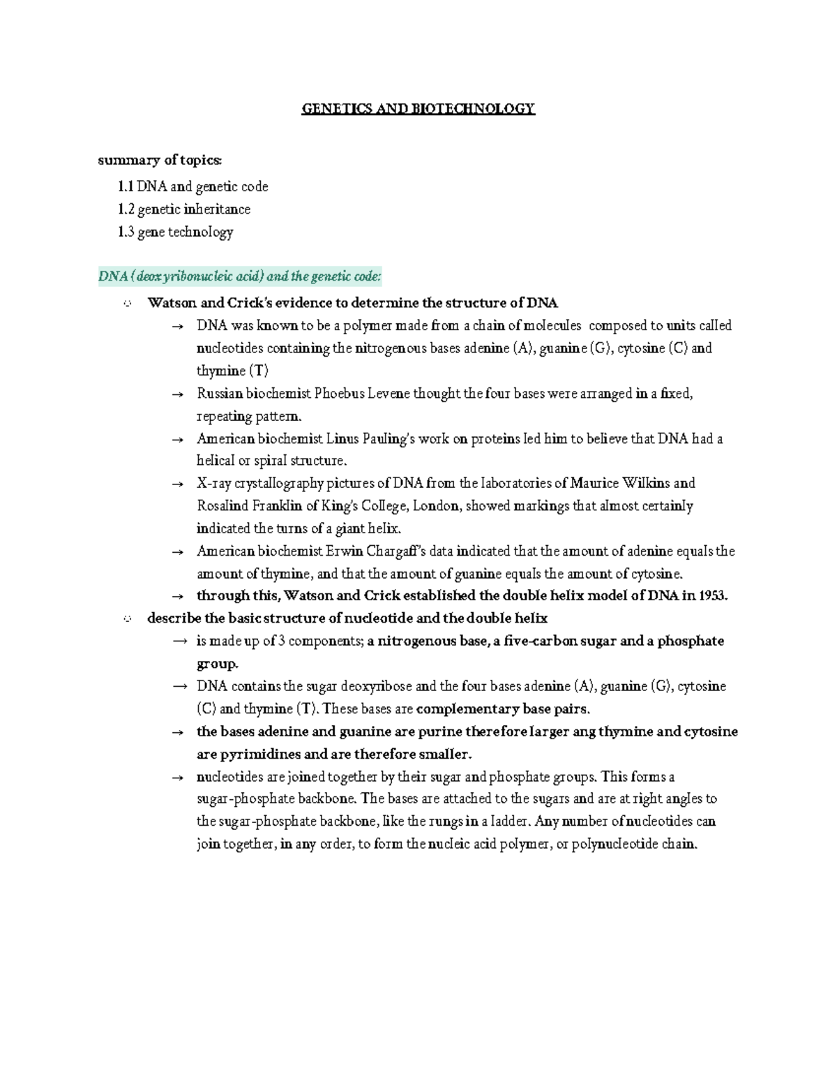 Science half-yearly notes - GENETICS AND BIOTECHNOLOGY summary of ...