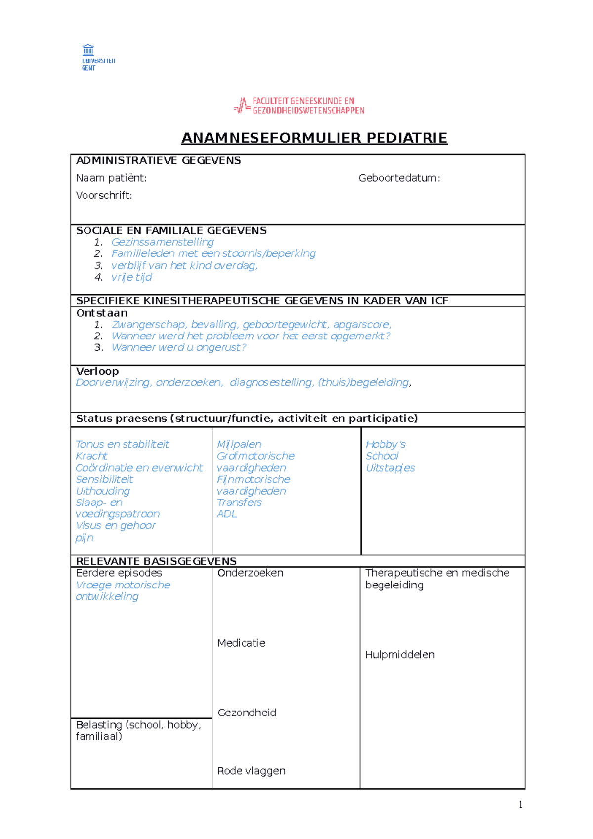 Casussen tenenloper - ANAMNESEFORMULIER PEDIATRIE ADMINISTRATIEVE ...