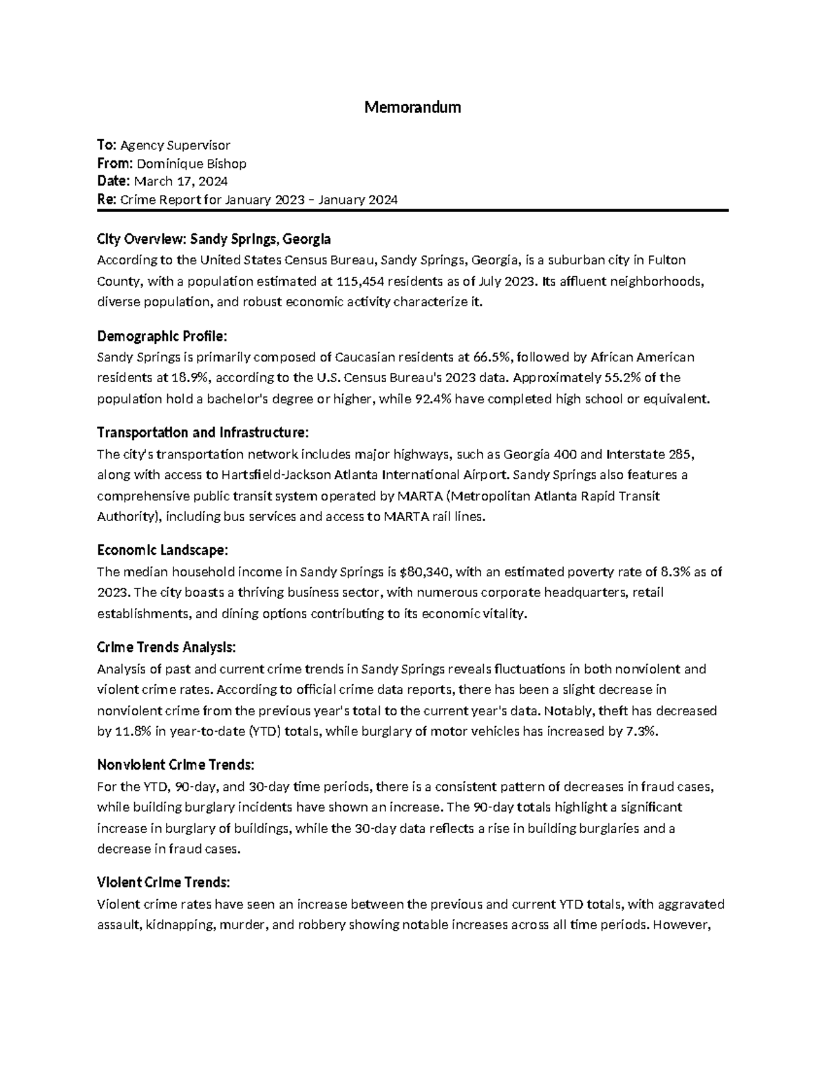 CJ 346 Module Two Assignment - Memorandum To: Agency Supervisor From: Dominique Bishop Date ...