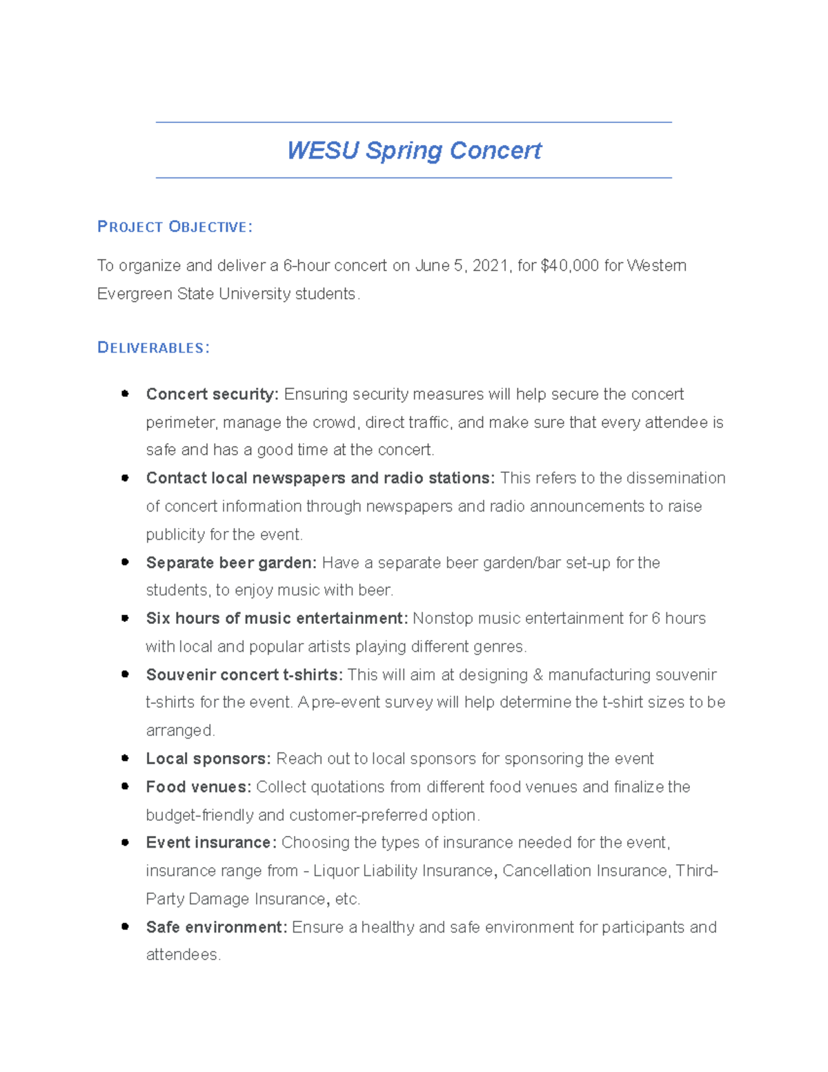 WESU Spring Concert - Project charter - WESU Spring Concert PROJECT ...