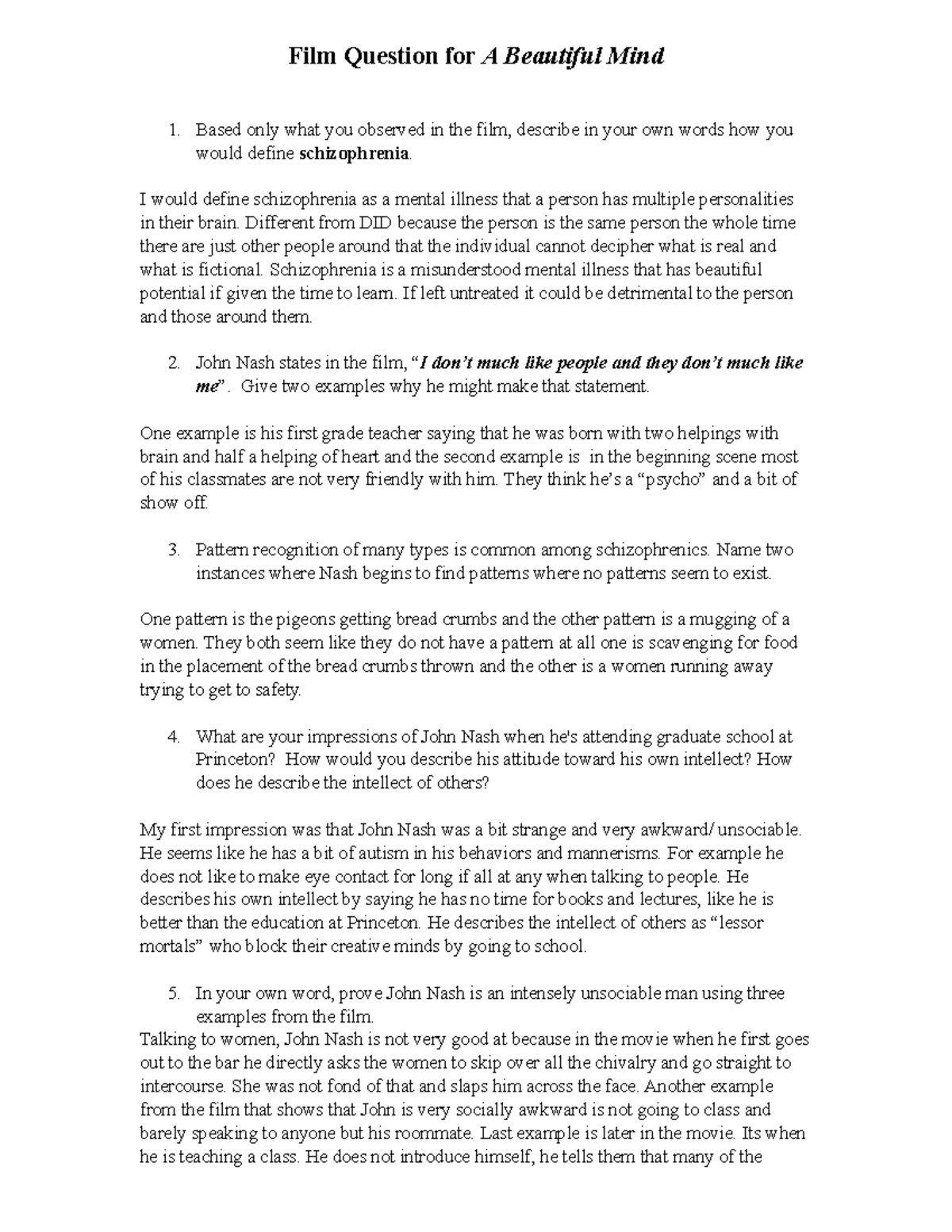 A beautiful mind - Assignment - Film Question for A Beautiful Mind ...