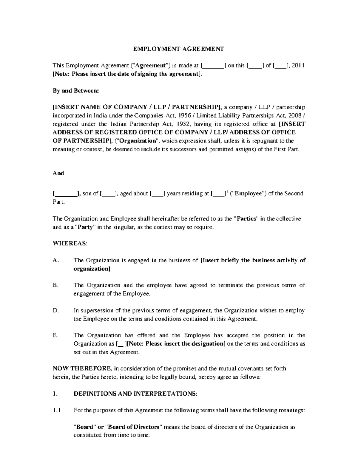 Employment Agreement Templet Material Company Law Ils Law College