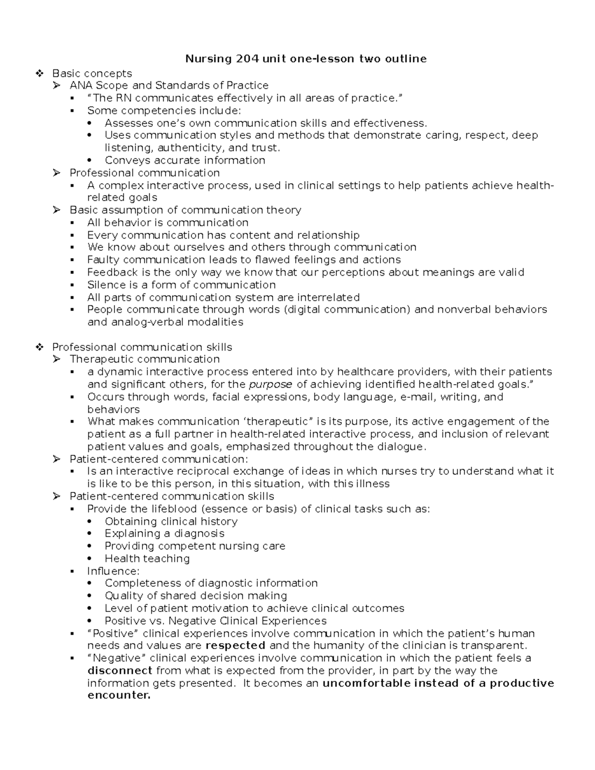 Nursing 204 1.2 outline - Nursing 204 unit one-lesson two outline Basic ...