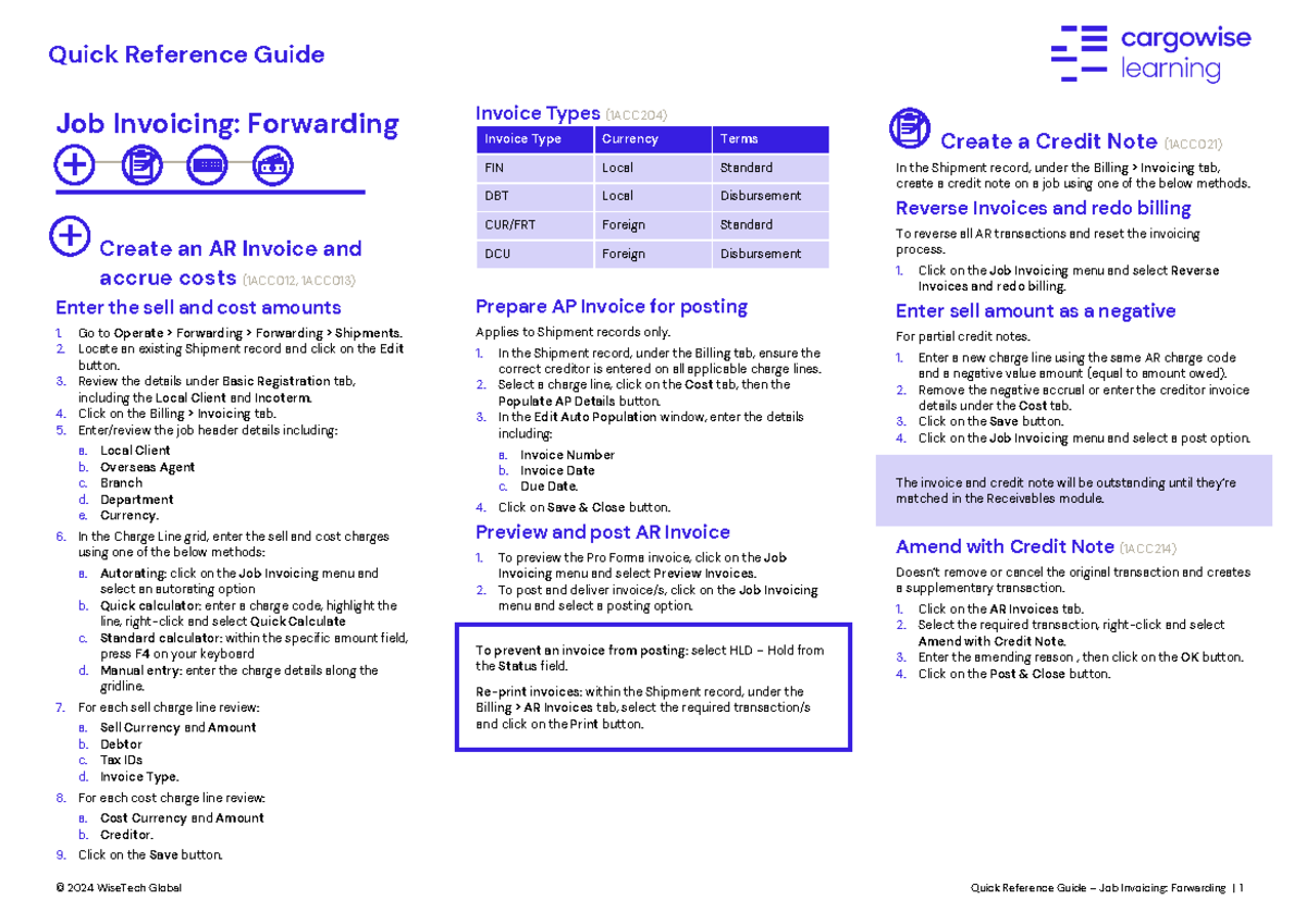 1ACC QRG+Job+Invoicing+Forwarding - © 2024 WiseTech Global Quick ...
