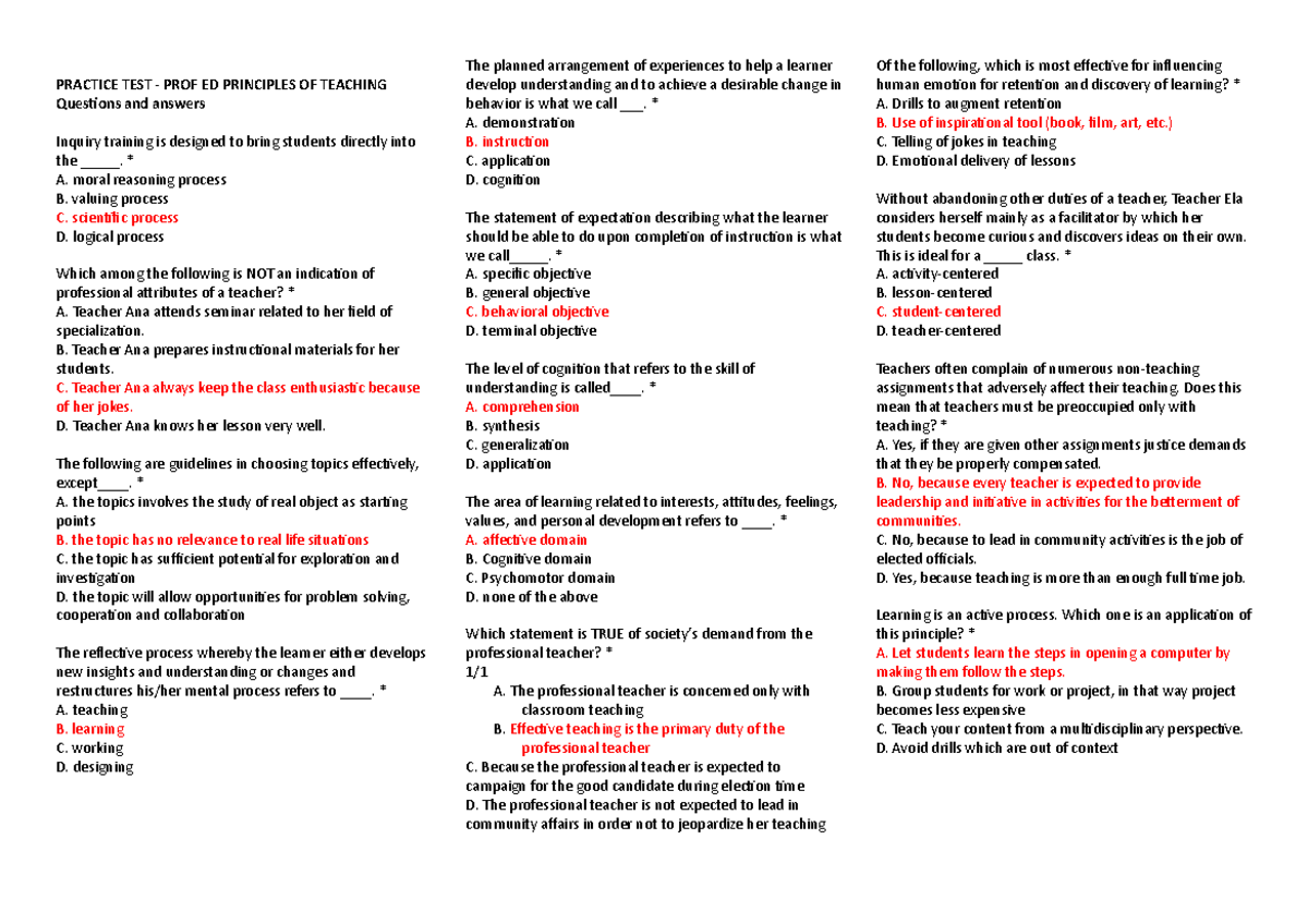 Principles of Teaching notes - PRACTICE TEST - PROF ED PRINCIPLES OF ...