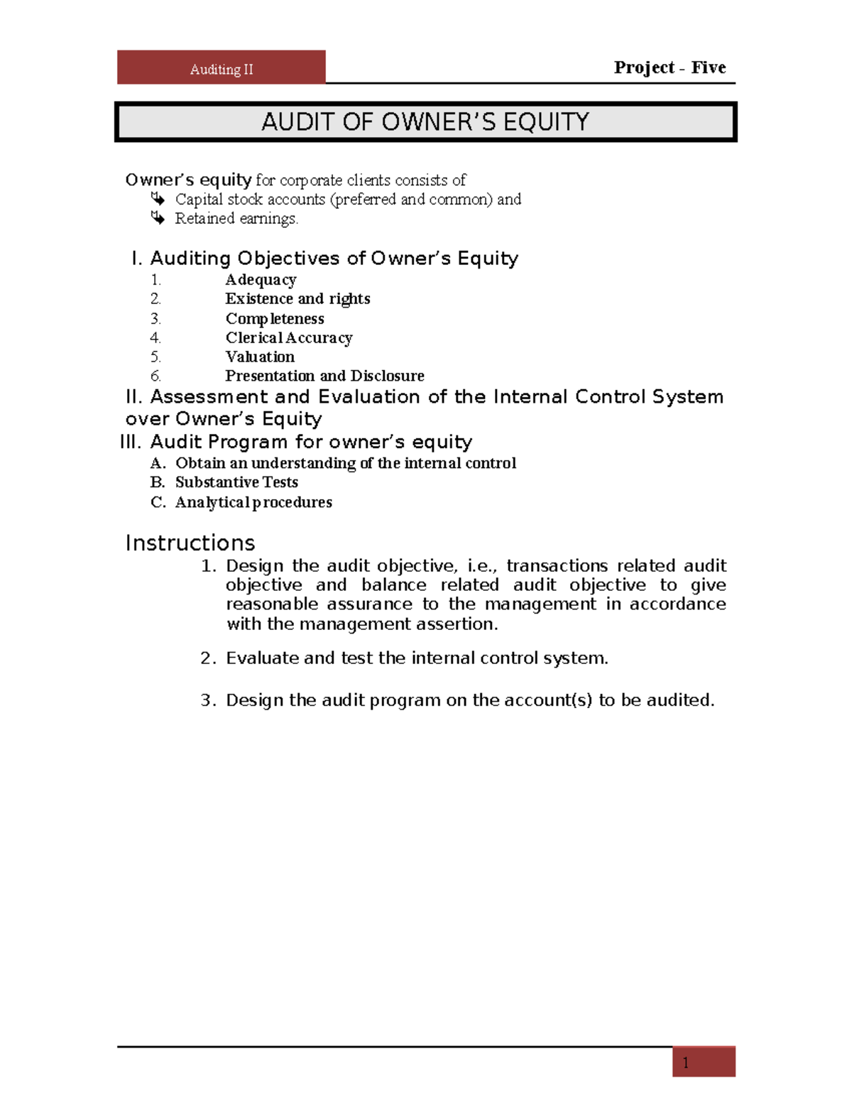 Audit OF Owner Equity - Auditing II Project - Five AUDIT OF OWNER’S ...