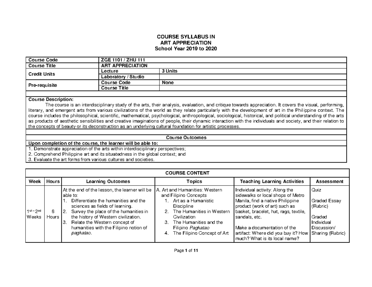Art Appreciation Syllabus COURSE SYLLABUS IN ART APPRECIATION School 