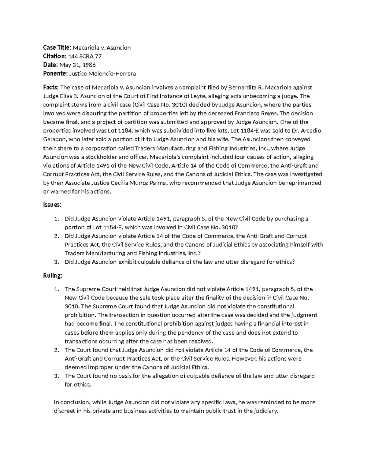 Case Digests - Case Title: Macariola v. Asuncion Citation: 144 SCRA 77 ...