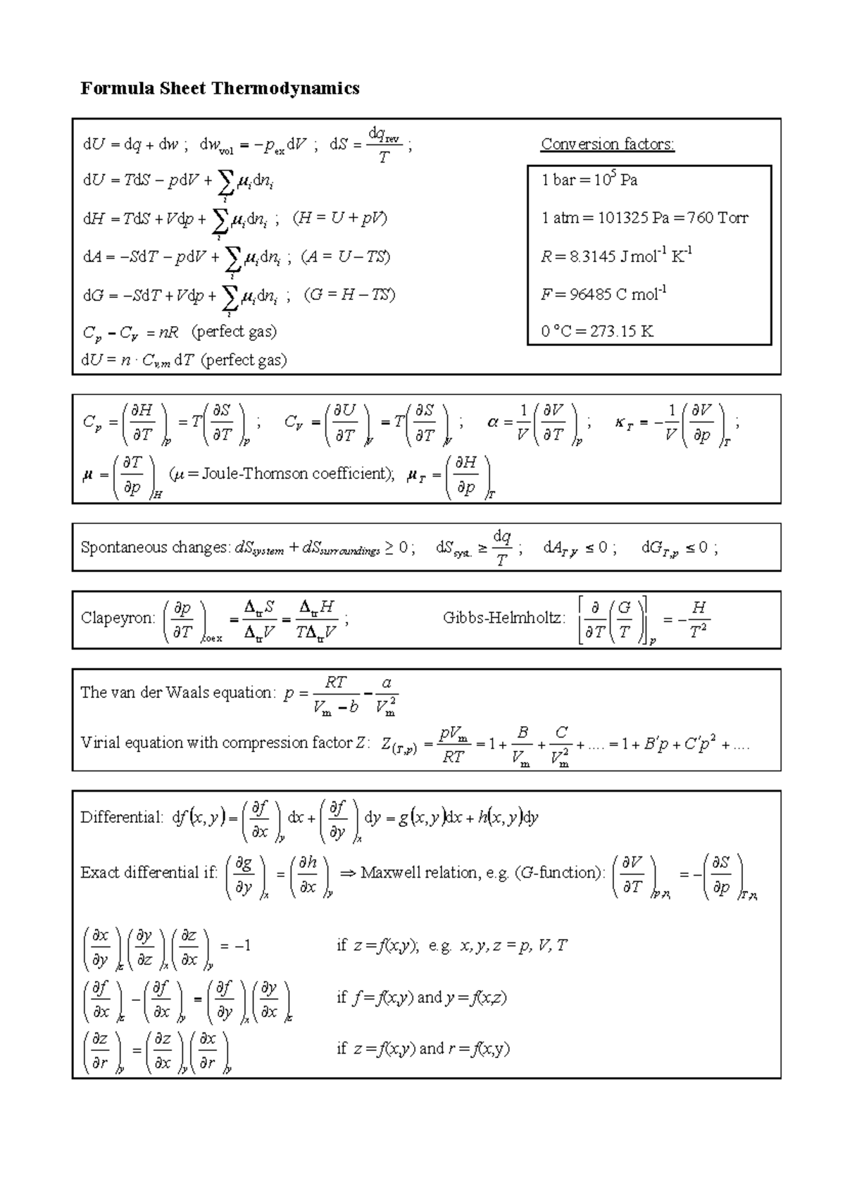 Formula sheet 6A1S0 2018-19 - Formula Sheet T hermodynamics dU=dq+dw ...